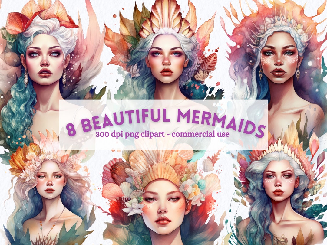 Watercolor Mermaid Clipart, Beautiful Fantasy Art, Junk Journal PNG ...