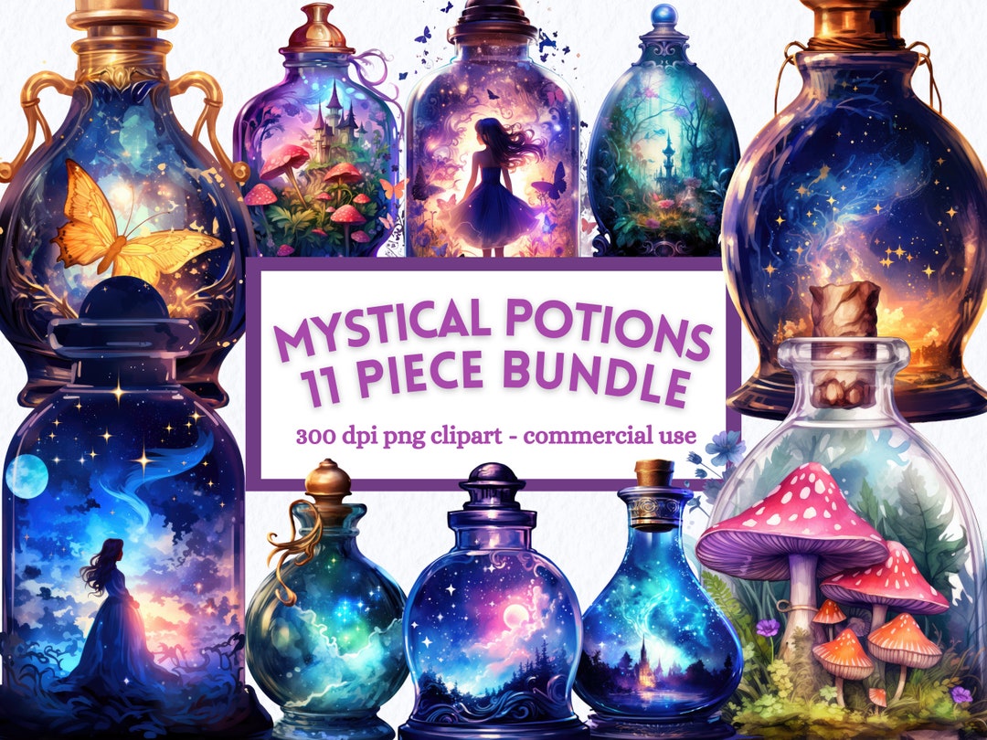 Witches Potion Bottles Watercolor Clipart, Magical Fantasy Clip Art ...