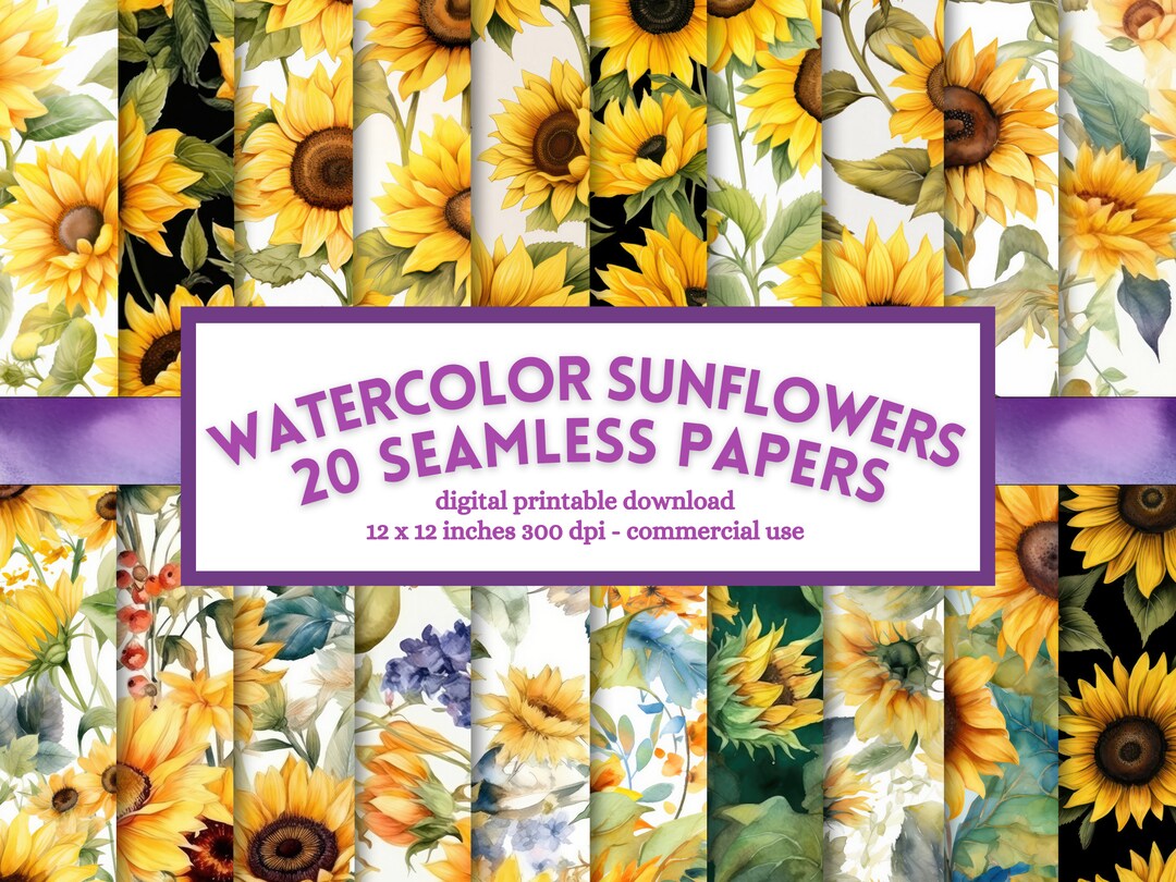 Sunflower Digital Paper, Watercolor Flower, Seamless Floral Pattern ...