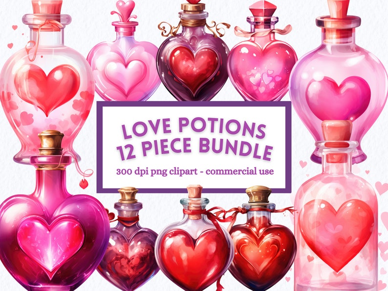 Love Potion Bottles Watercolor Clipart, Valentine Heart Clip Art, Junk ...
