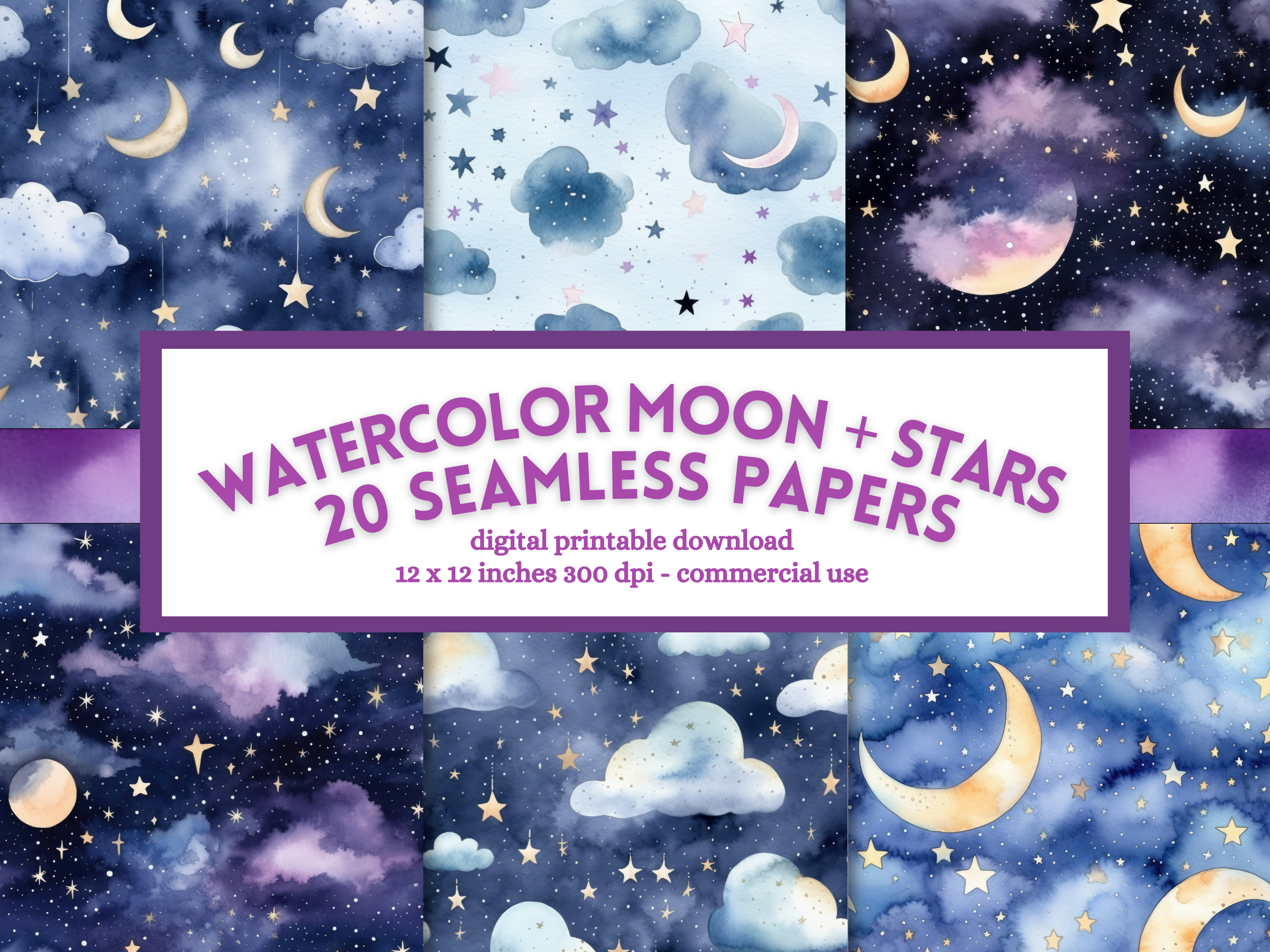 Watercolor Moon and Stars Digital Paper, Clouds Seamless Pattern ...