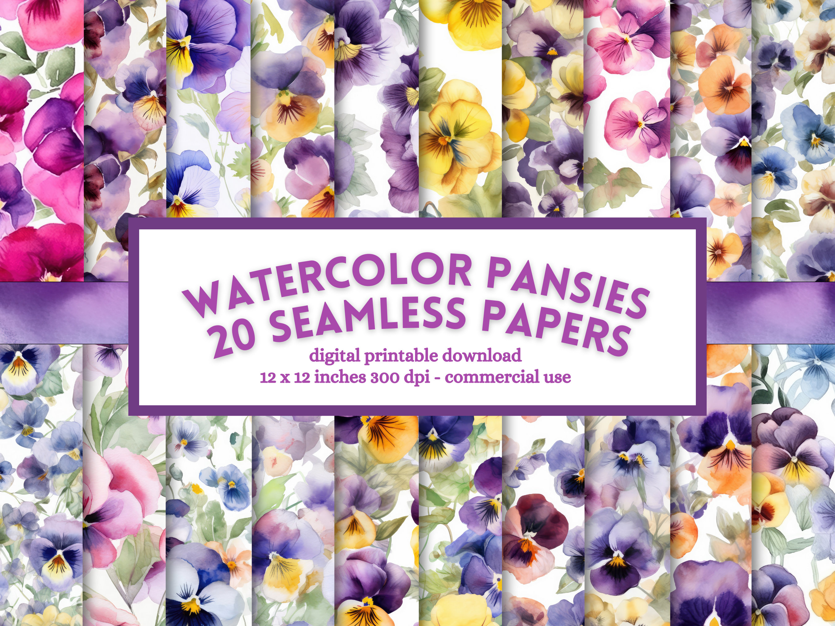 Watercolor Pansies Digital Paper, Pansy Scrapbook, Seamless Floral ...