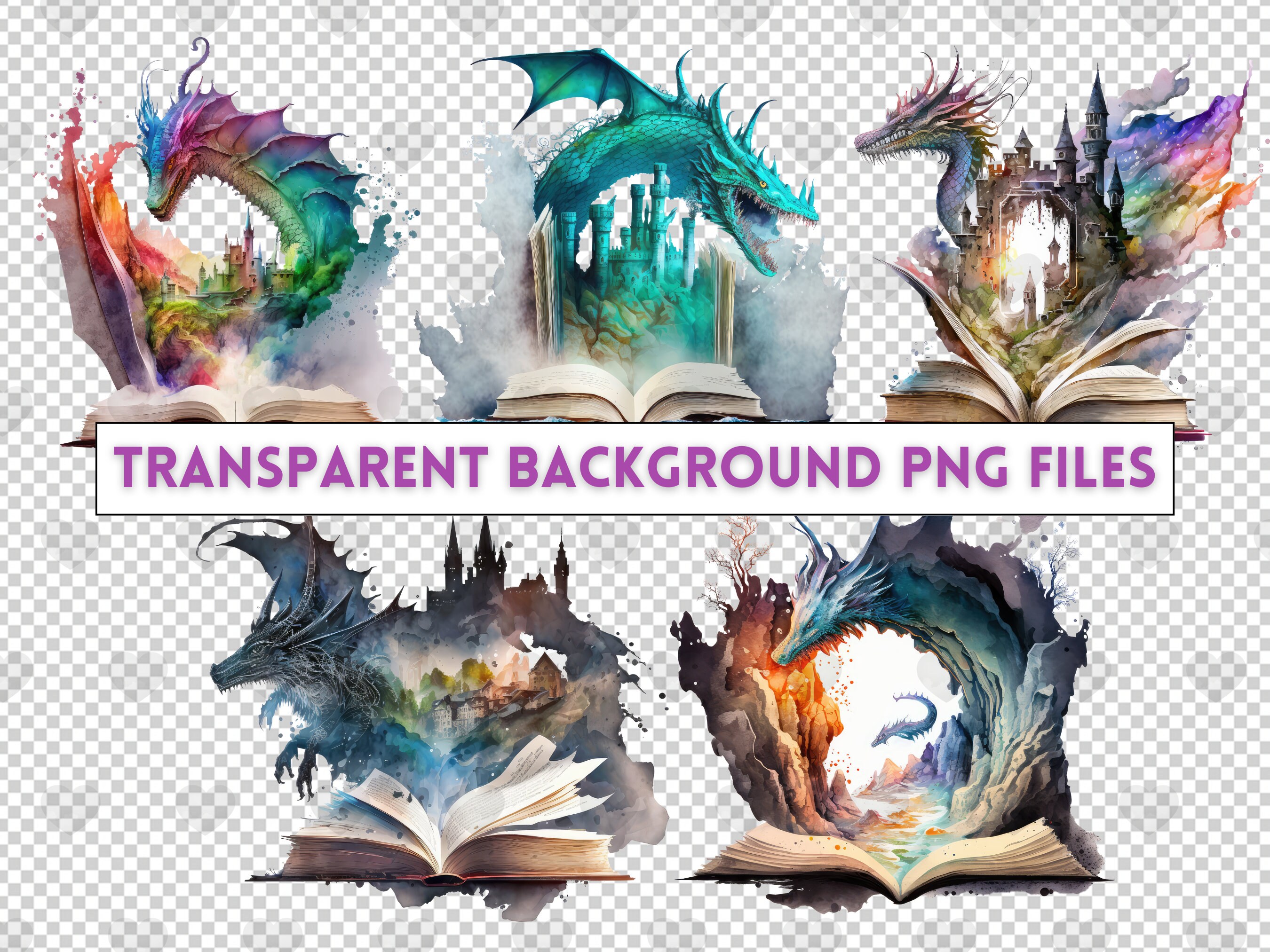 Watercolor Fantasy Dragon Clipart: PNG Bundle for Scrapbooking (digital ...