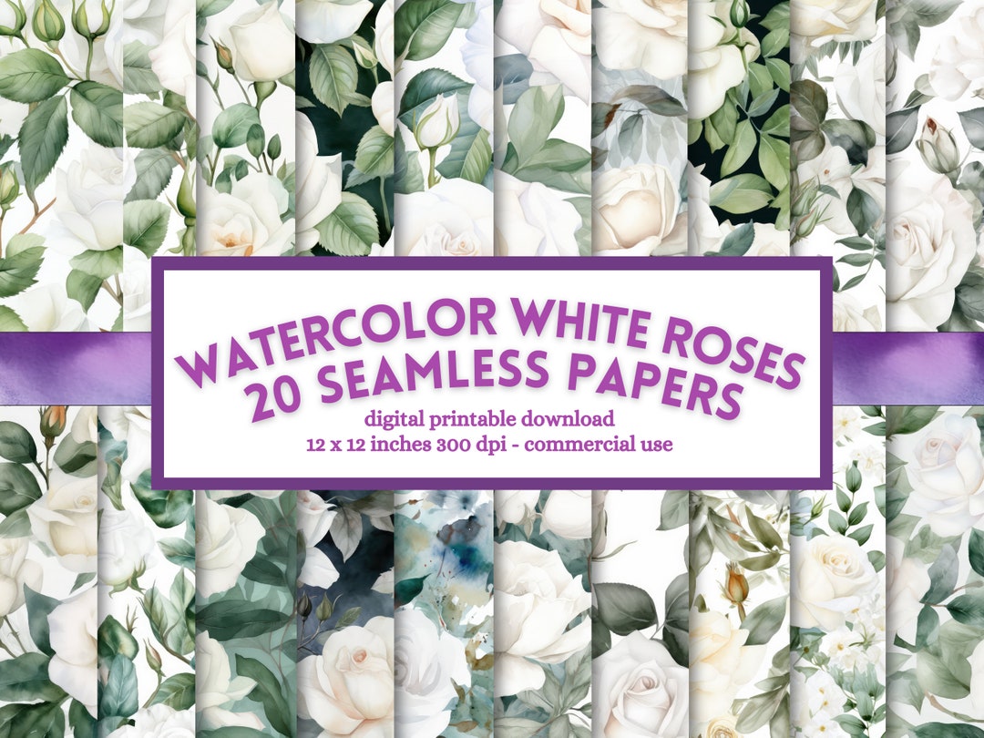 Watercolor White Roses Digital Paper: Seamless Floral Pattern (digital ...