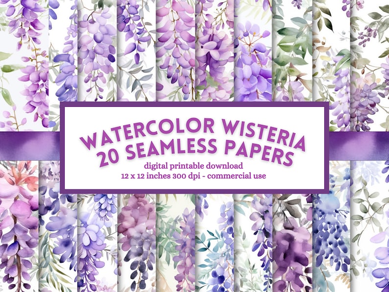 Watercolor Wisteria Digital Paper, Seamless Floral Pattern (digital ...