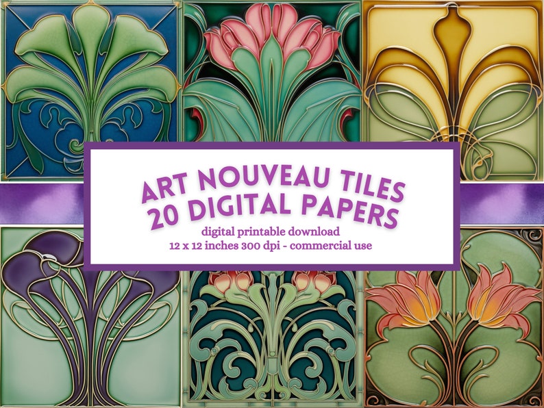 Art Nouveau Tiles Digital Paper, Art Deco Decor Print Pattern ...