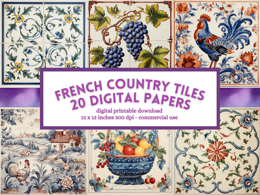 French Country Tiles Digital Paper, Shabby Chic Decor Print Pattern ...