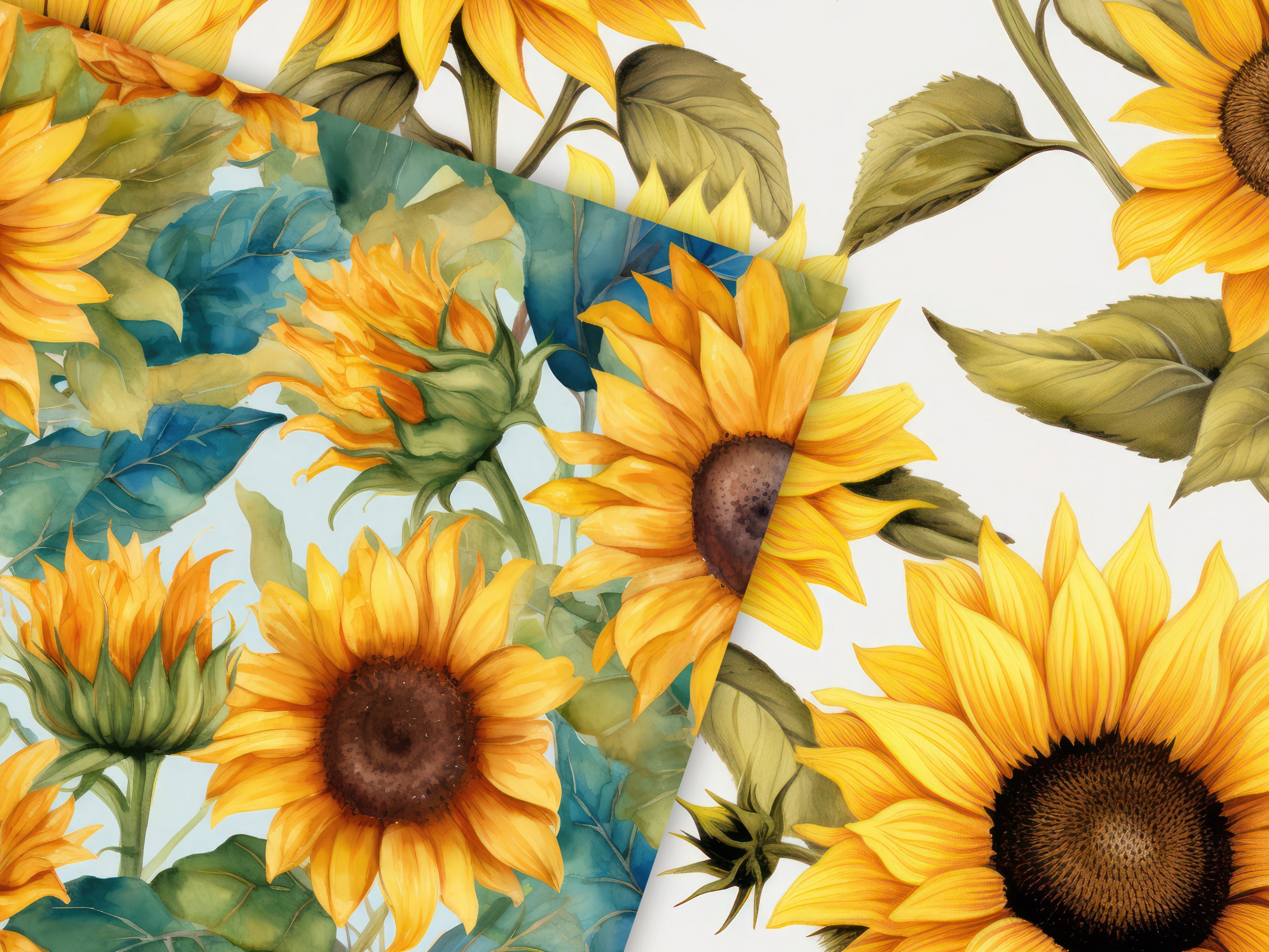 Sunflower Digital Paper, Watercolor Flower, Seamless Floral Pattern ...