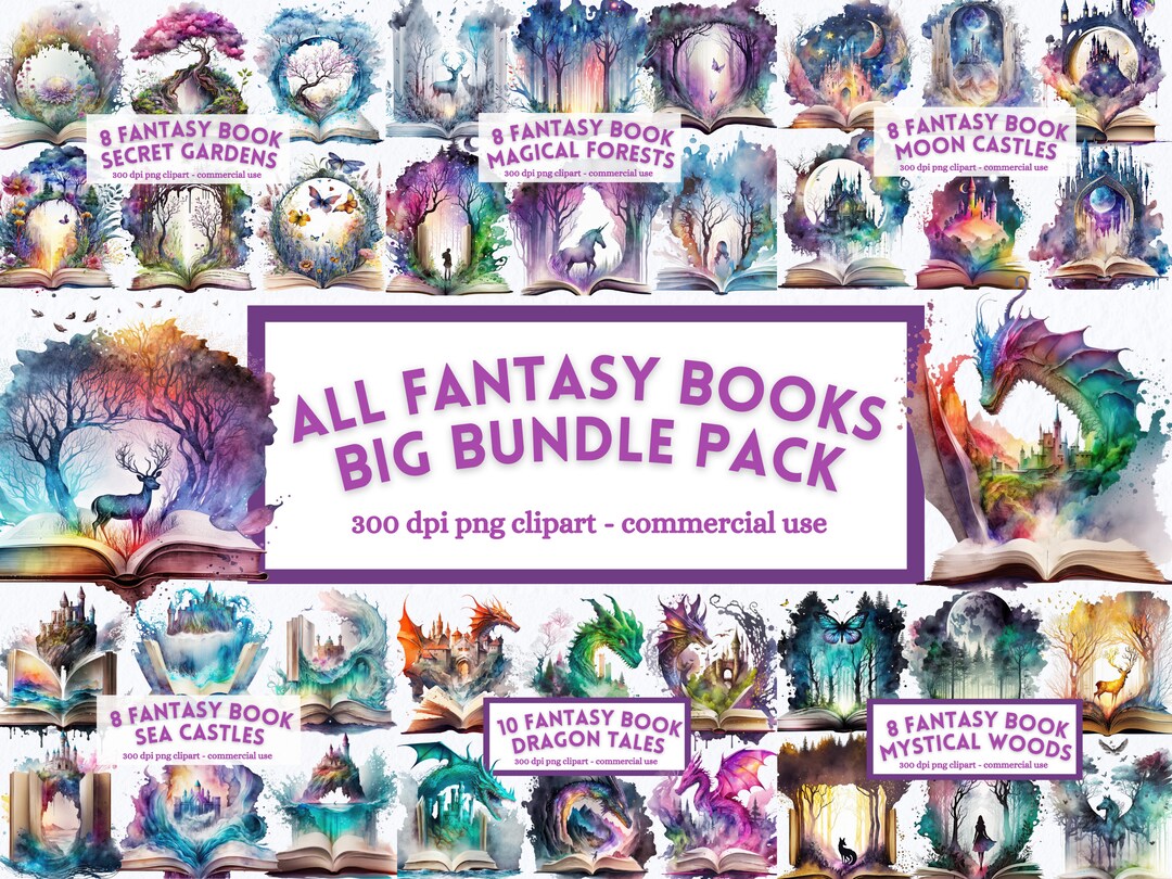 FANTASY BOOKS Big Bundle Pack of Watercolor PNG Clipart, Scrapbook, Junk Journal, Instant ...