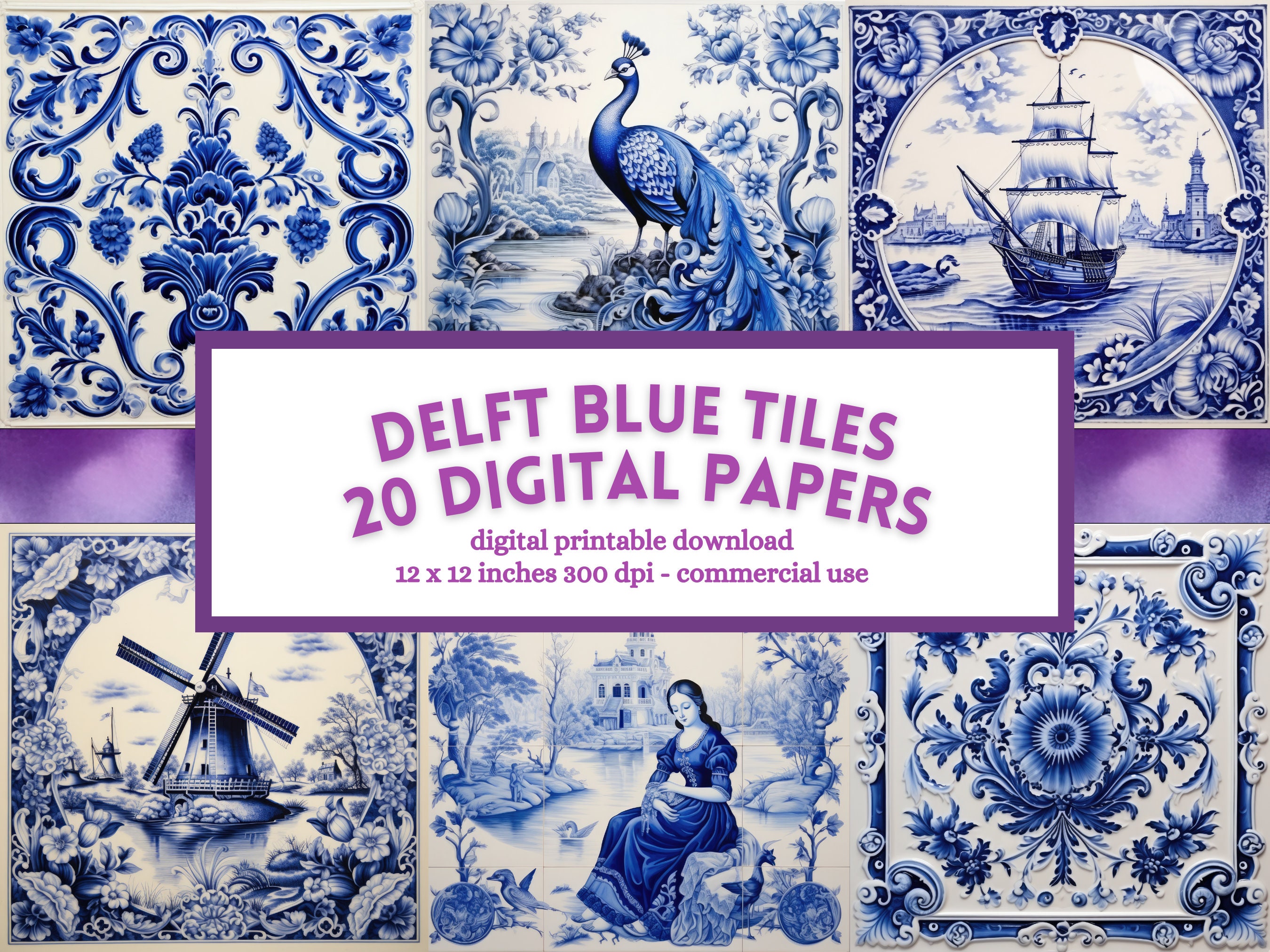 Delft Blue Tiles Digital Paper, Blue White Pattern, Printable Scrapbook ...