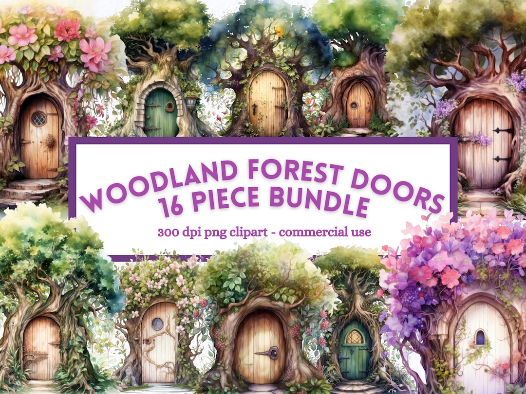 Watercolor Magical Woodland Forest Doors Clipart, Clip Art PNG Bundle ...