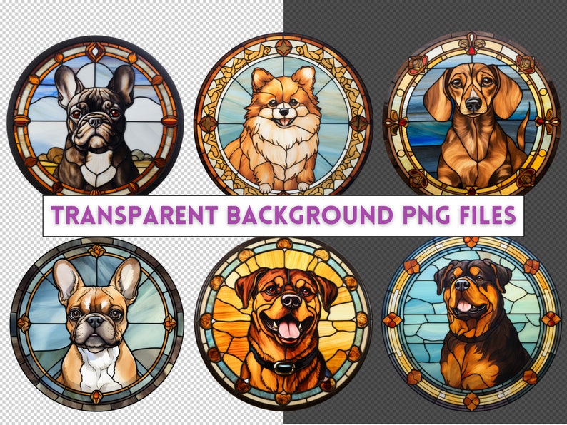 Dog Stained Glass Circle Clipart, Printable Transparent PNG Bundle ...