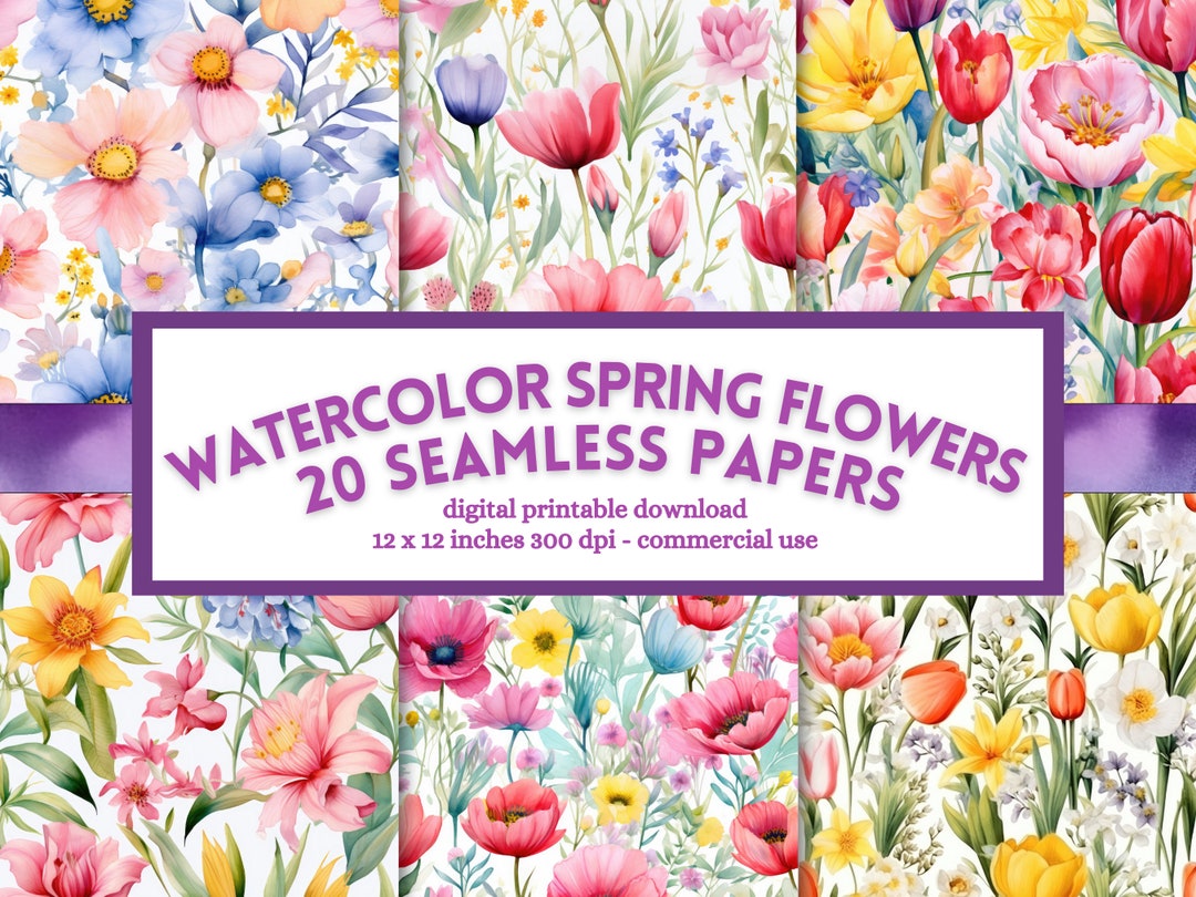 Watercolor Spring Flowers Digital Paper: Seamless Floral Patterns ...