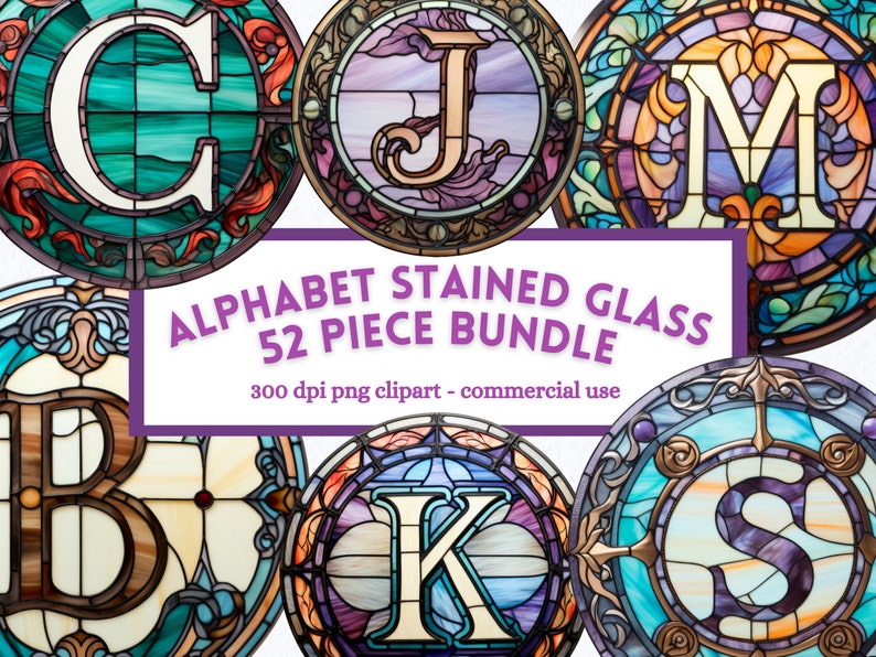 Stained Glass Alphabet Monogram Clipart: Circle PNG Bundle (digital ...