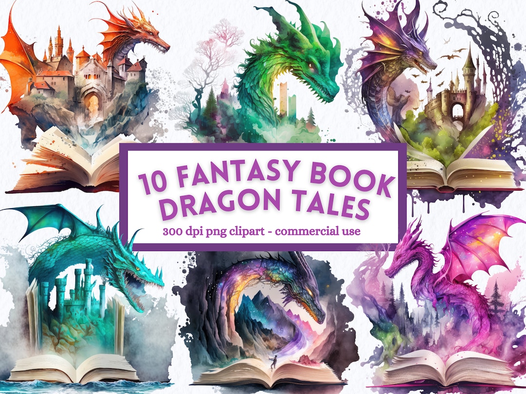 Watercolor Fantasy Dragon Clipart: PNG Bundle for Scrapbooking (digital ...
