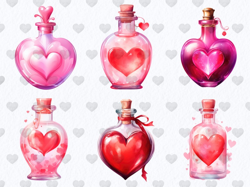 Love Potion Bottles Watercolor Clipart, Valentine Heart Clip Art, Junk ...