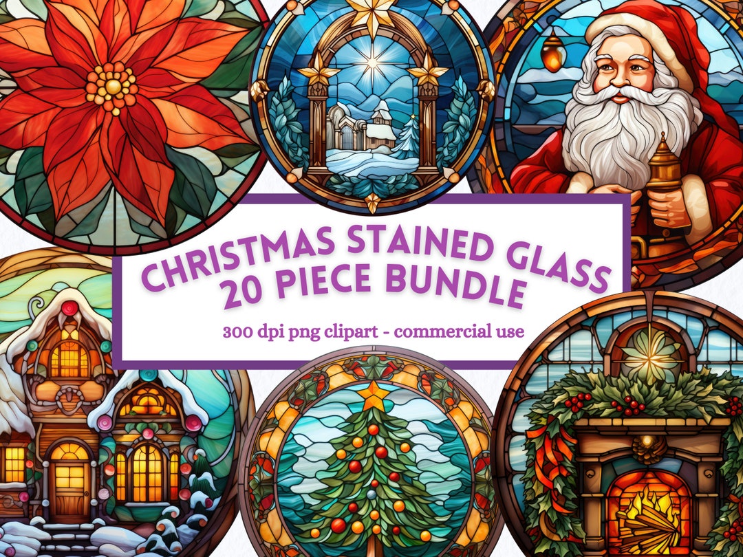 Christmas Stained Glass Circle Clipart, Holiday Santa PNG Bundle, Xmas ...