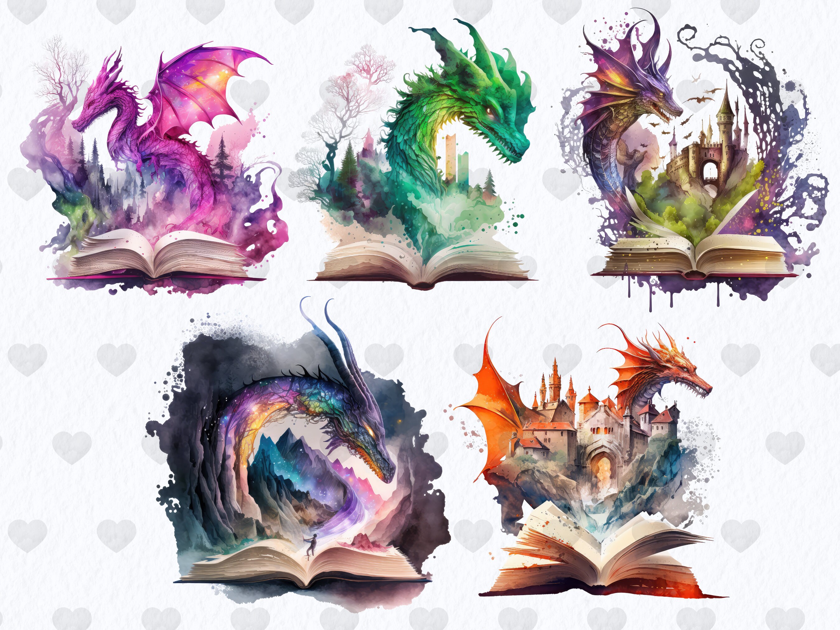 Watercolor Fantasy Dragon Clipart: PNG Bundle for Scrapbooking (digital ...