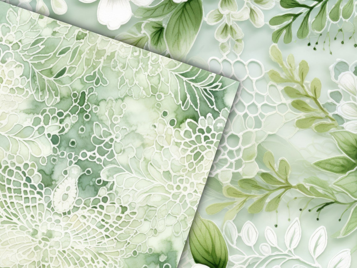 Sage Green Digital Paper, Watercolor Lace, Floral Seamless Pattern ...