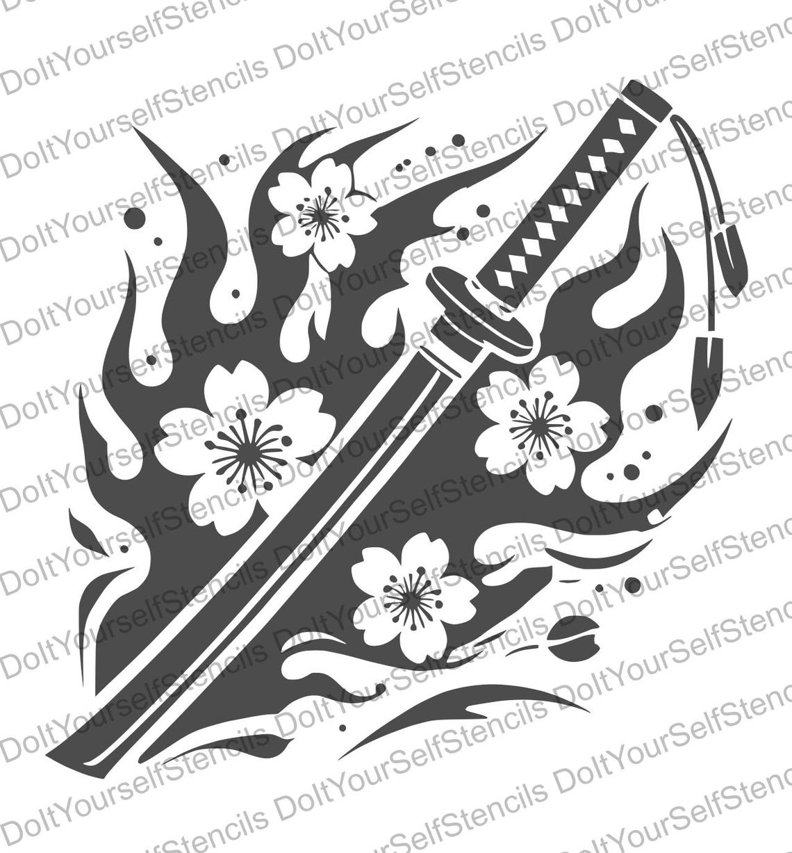 Samurai Sword With Cherry Blossoms Stencil, Reusable DIY Craft Stencil ...