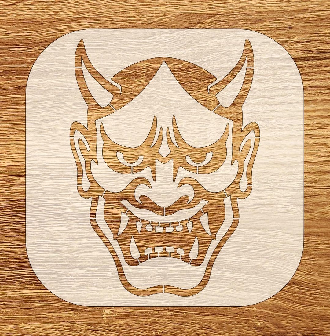 Oni Mask Stencil, Japanese Demon Face Stencil, Tattoo Style Stencil ...