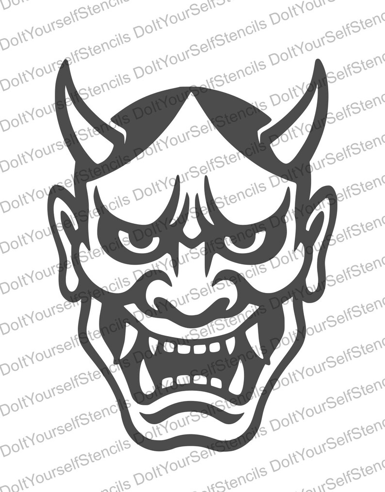 Oni Mask Stencil, Japanese Demon Face Stencil, Tattoo Style Stencil ...