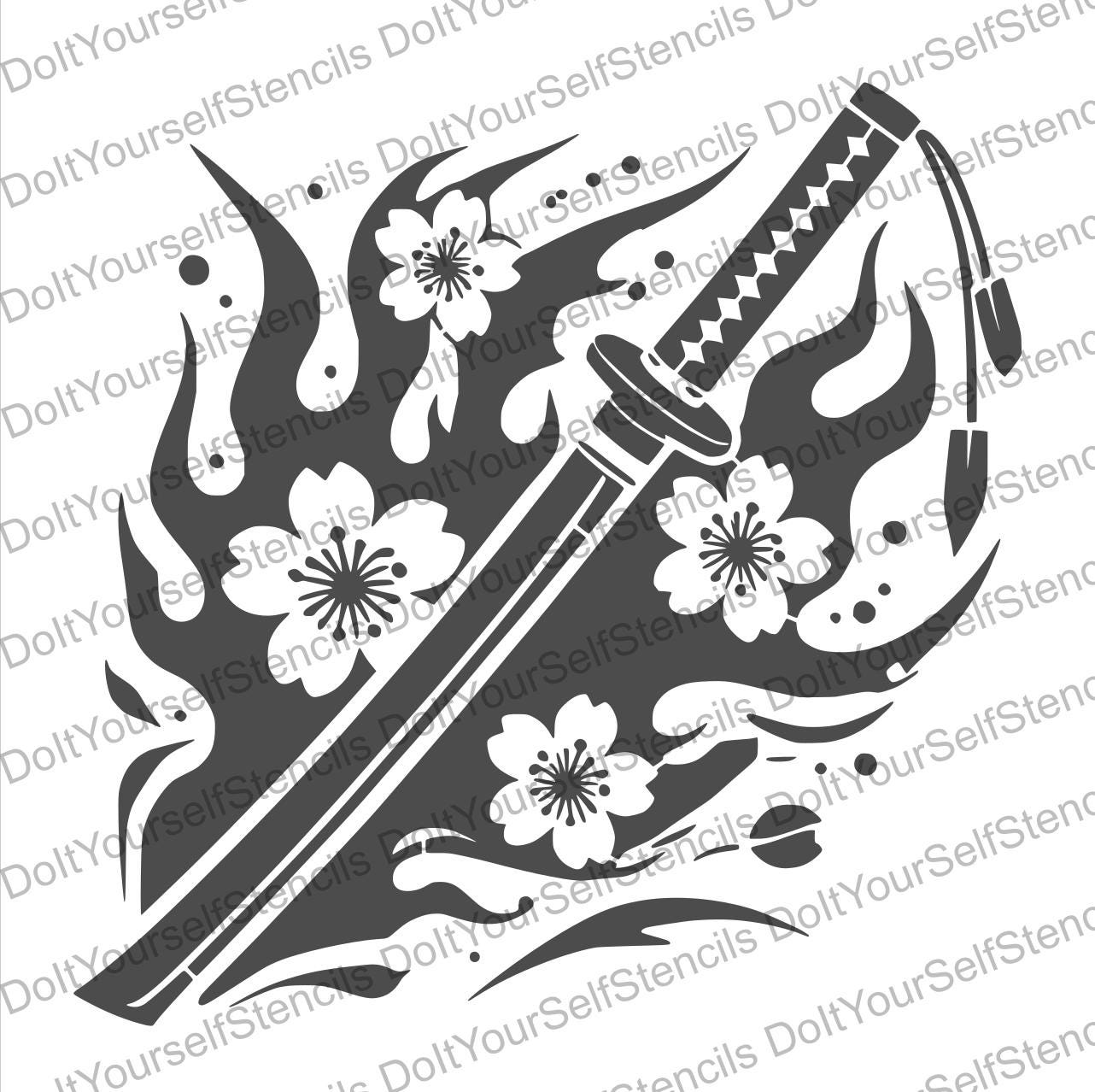 Samurai Sword With Cherry Blossoms Stencil, Digital Download, SVG, DXF ...