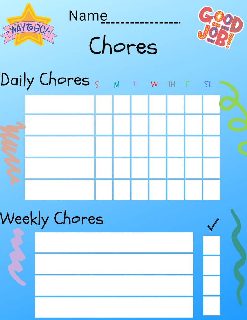 Customizable/printable Chore Chart for Kids Instant Download - Etsy