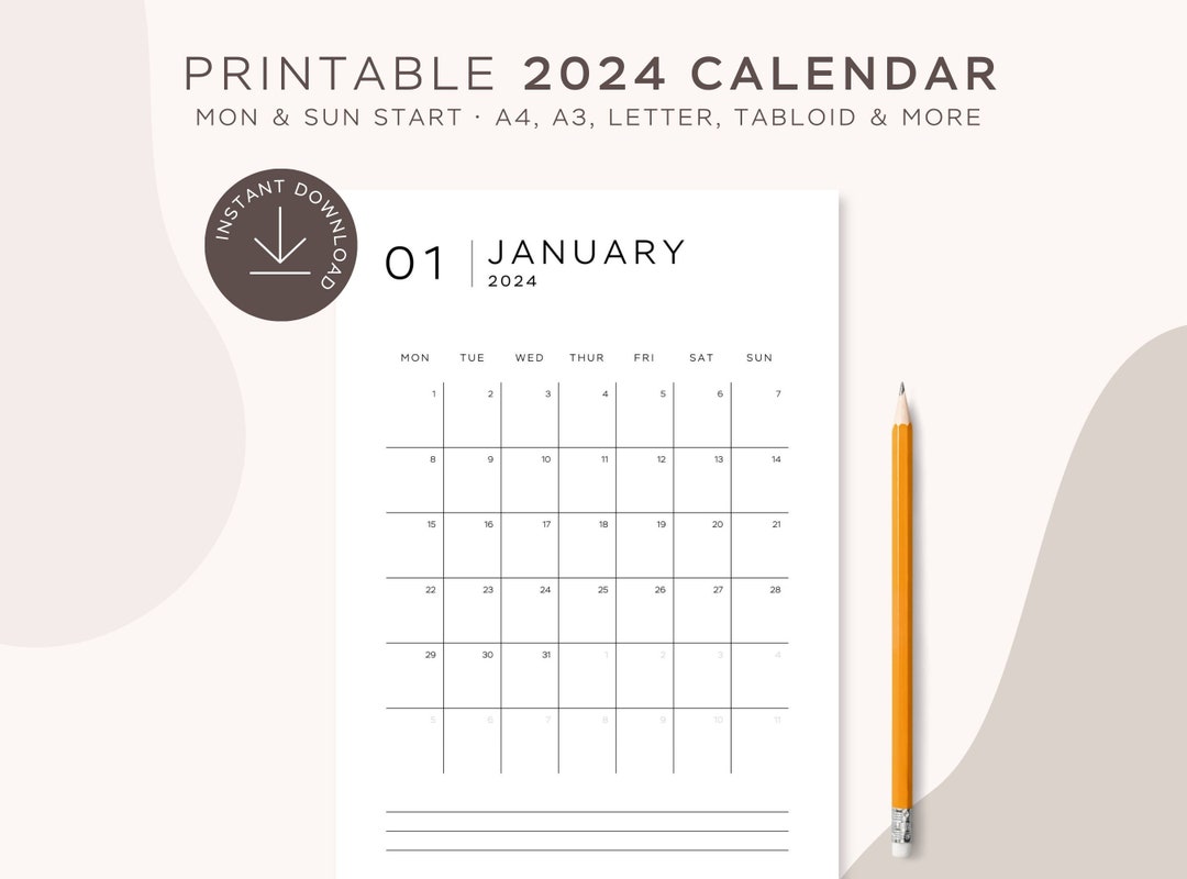 PRINTABLE 2024 PORTRAIT CALENDAR Modern Design With Note - Etsy