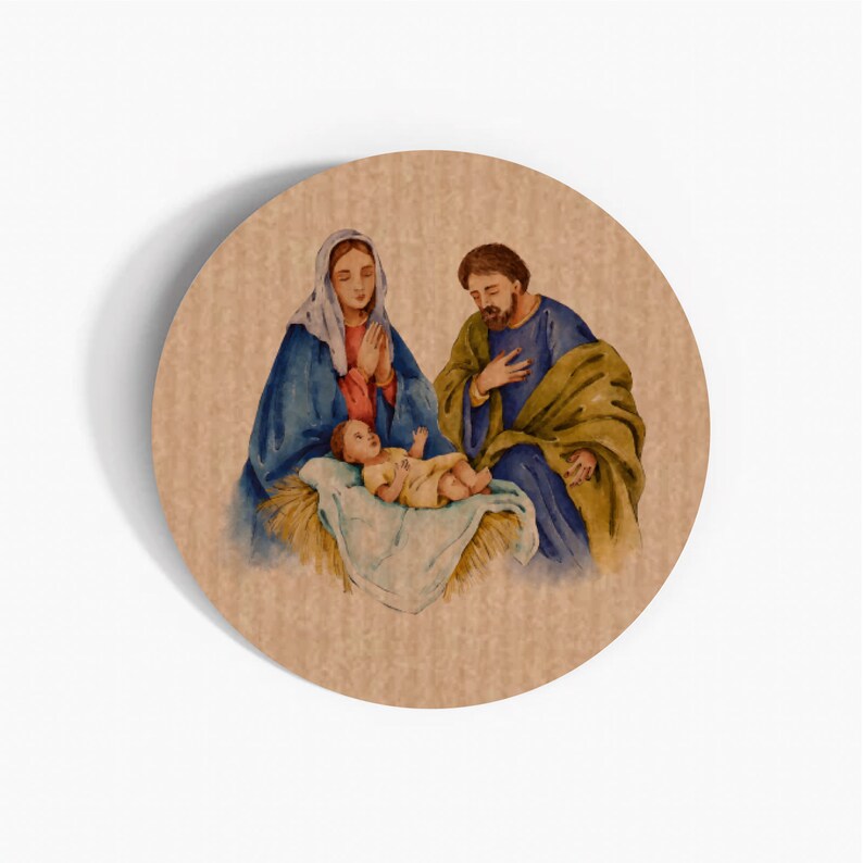 Watercolour Nativity Scene Paper Labels, 37mm Self-adhesive Christmas Holiday Stickers, Holy ...
