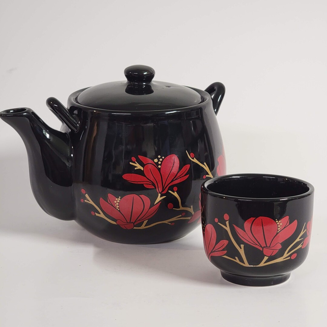 Black Teapot and Cup Set Red Flower Design Asian Missing Handle - Etsy