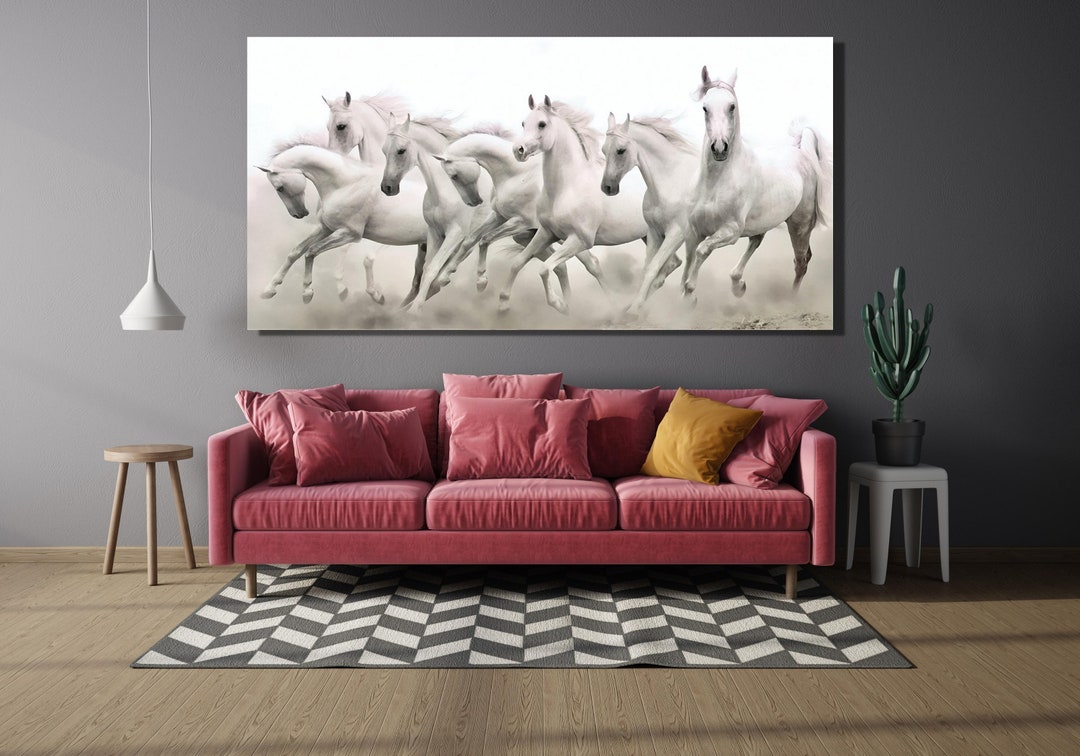 7 Running White Horses Canvas Wall Art, Seven Running Horses Wall Art ...