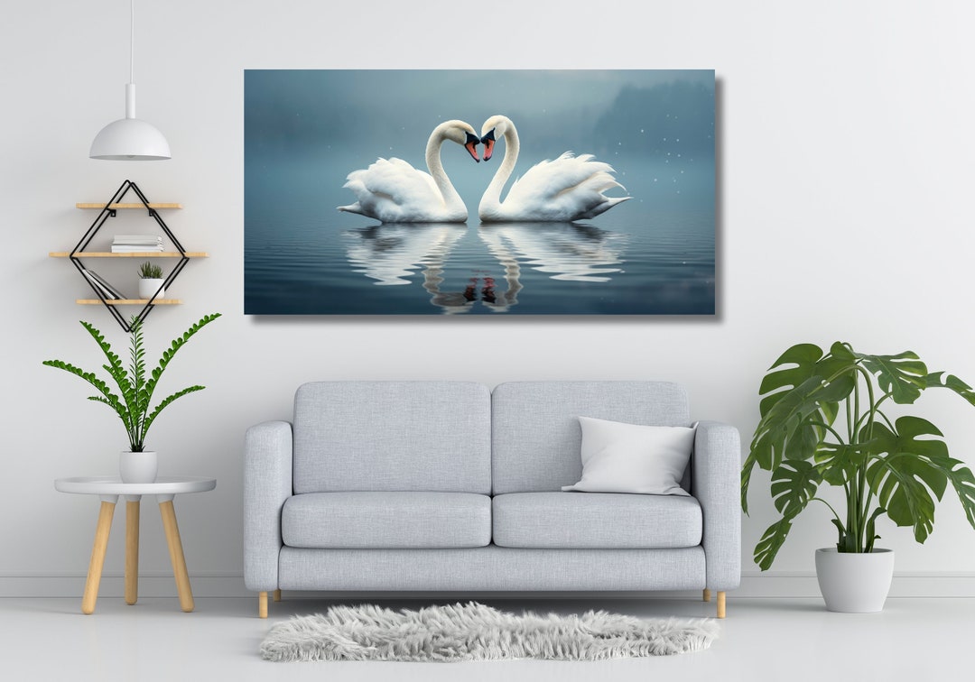 Cute Swans Canvas Print Poster, A Pair of Swans on the Lake Canvas ...
