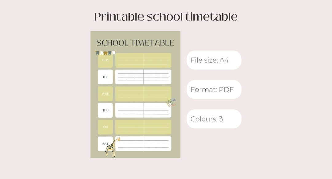 Printable School Timetable, Print at Home Time Table, A4 Class ...