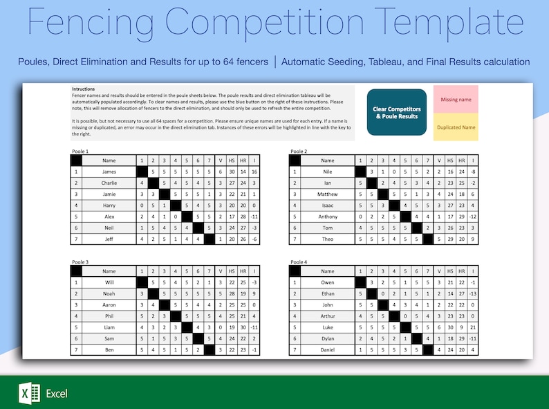 Automatic Fencing Competition Excel | Poule / Poole, Seeding, Direct ...