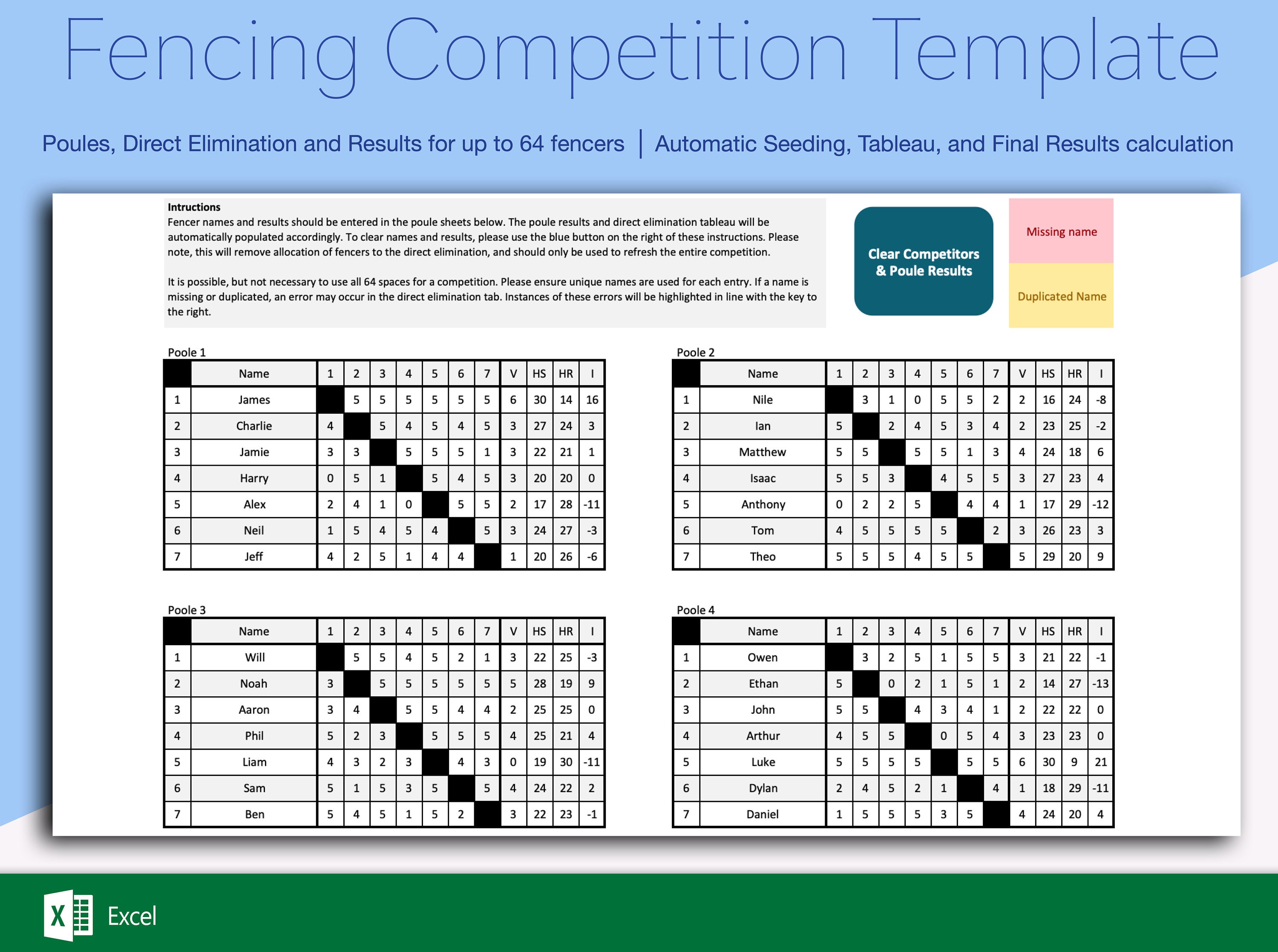 Automatic Fencing Competition Excel | Poule / Poole, Seeding, Direct ...