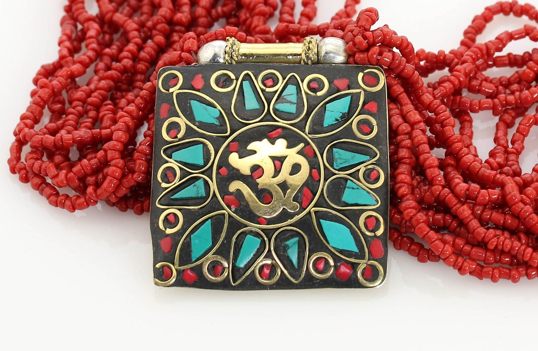 Tibetan Buddhist Necklace - Brass Inlaid OM Pendant on Glass Pote Beads ...