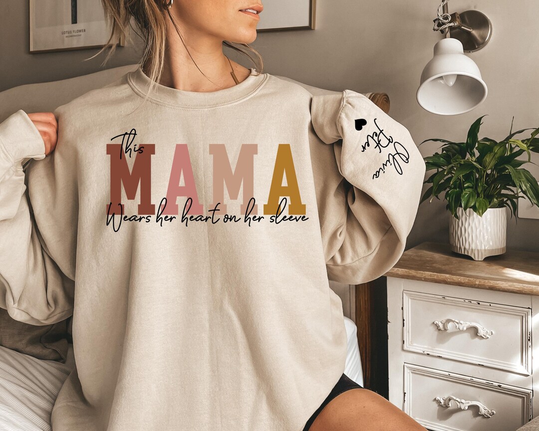 Custom This Mama Wears Her Heart on Her Sleeve Hoodie, Personalized Mom ...