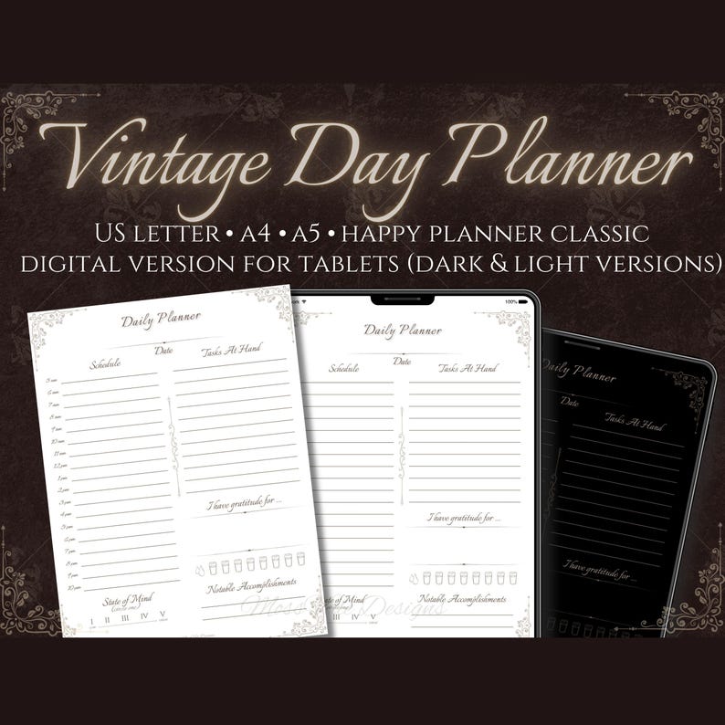 Vintage Daily Planner PDF – Printable + iPad Template | Undated | A4 A5 ...