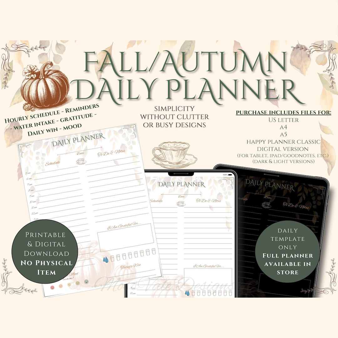 Fall Daily Planner Printable: Undated, Goodnotes iPad Template (PDF ...