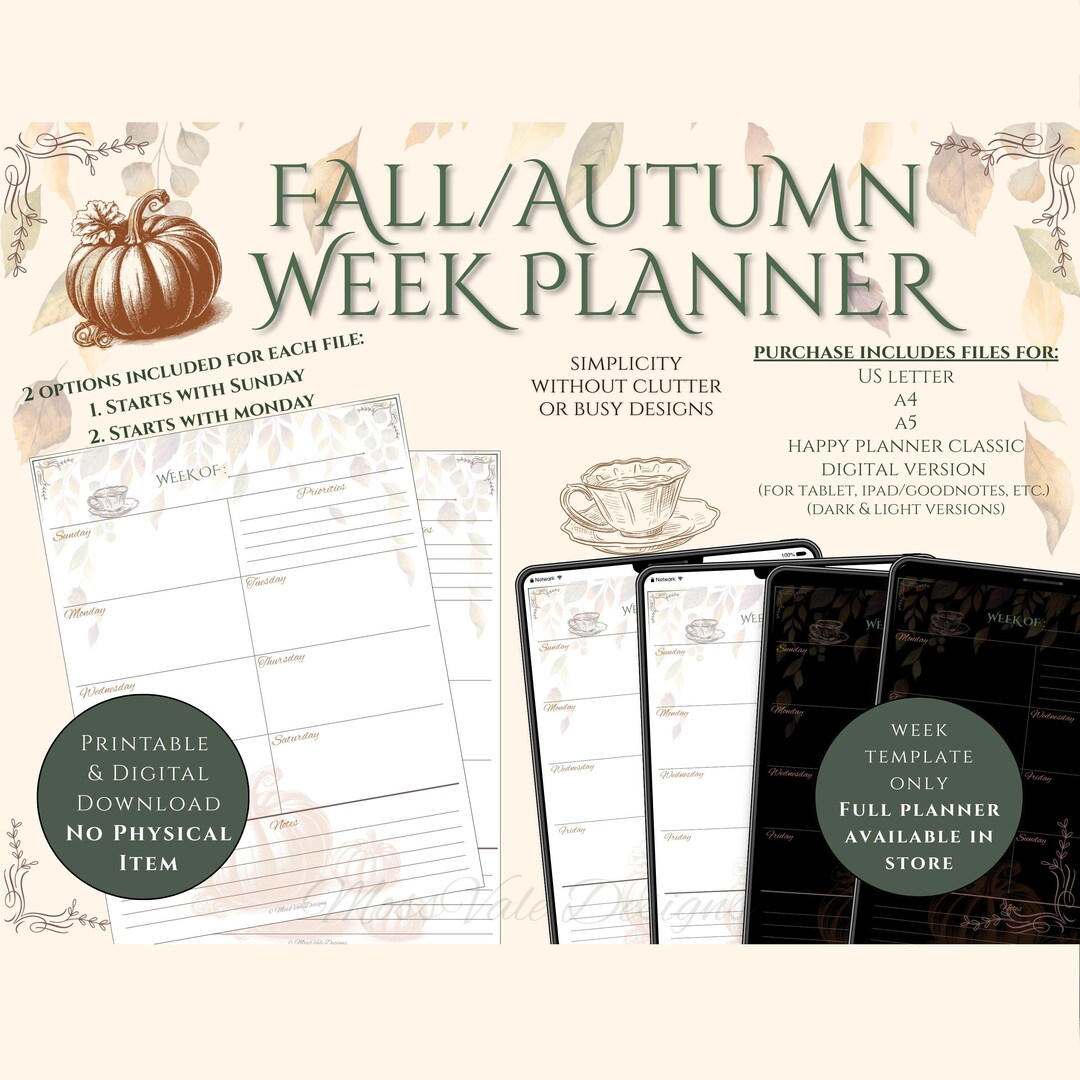 Fall Weekly Planner Printable: A4, A5, US Letter, iPad (PDF Download ...