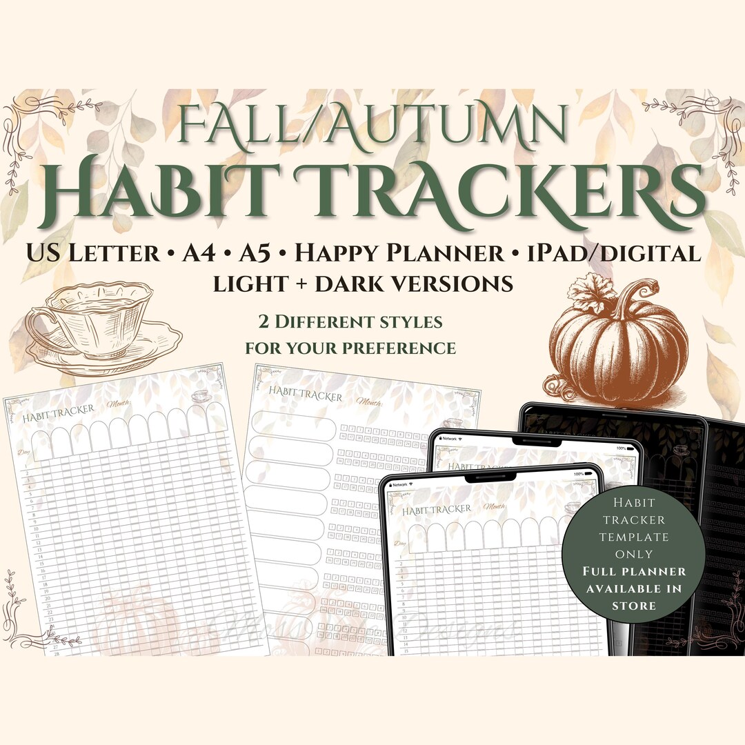 Fall (autumn) Habit Tracker PDF – 2 Layout Styles (undated) | Printable ...