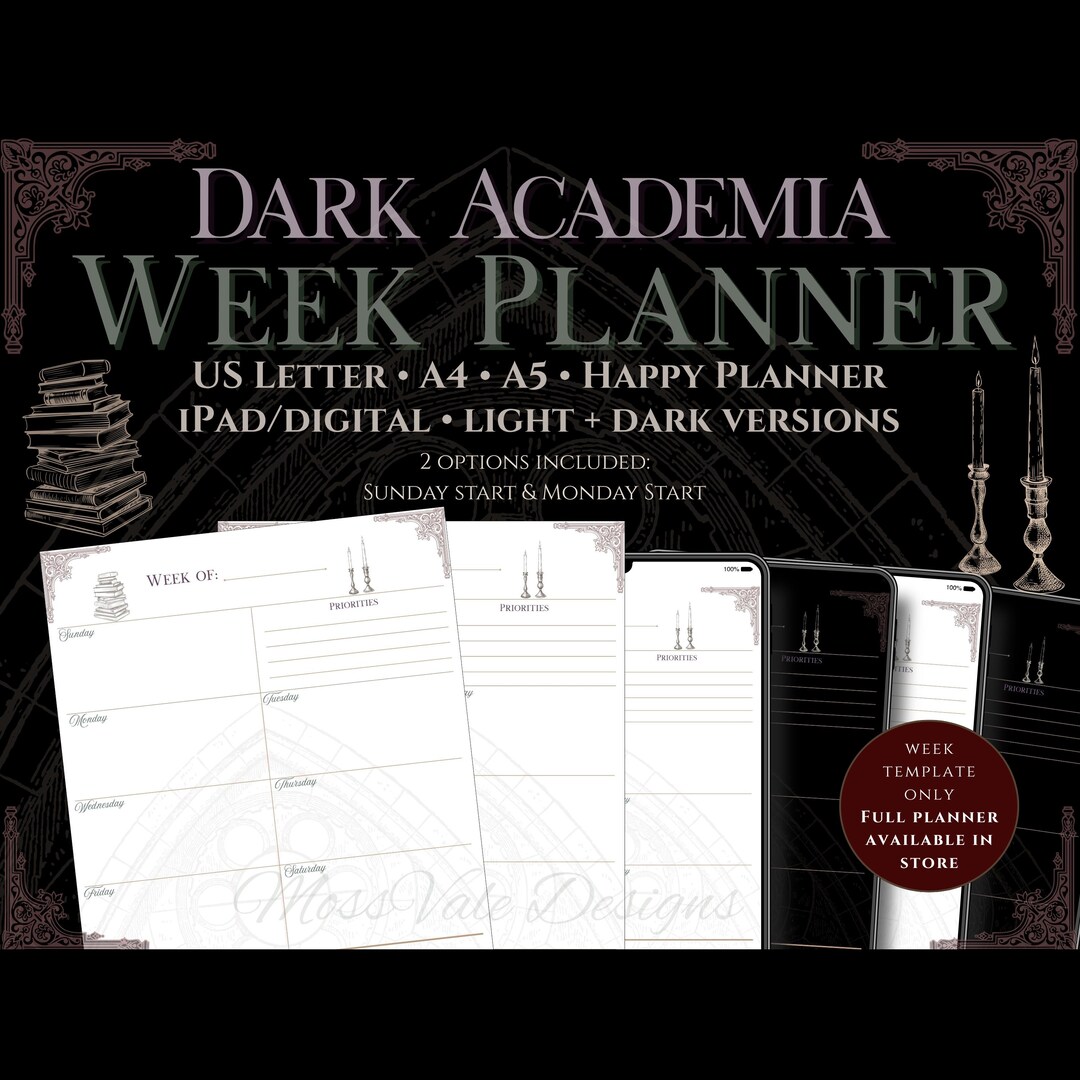 Dark Academia Weekly Planner PDF (sunday + Monday Start) | Printable ...