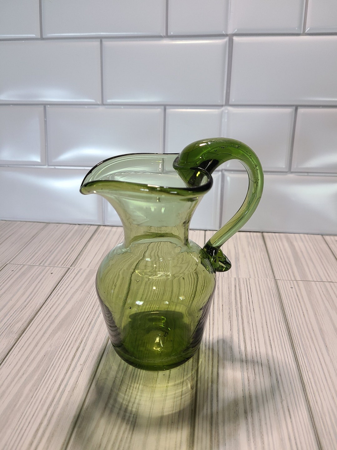 Jamestown Glass Handblown Green Pitcher, Vintage Original Heart Shaped ...