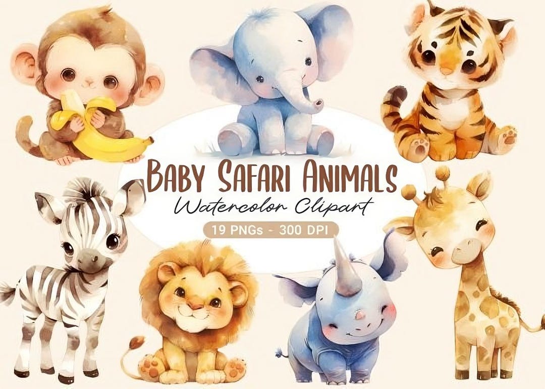 Baby Safari Animal Clipart Bundle, Cute Safari, Watercolor Animals PNG ...