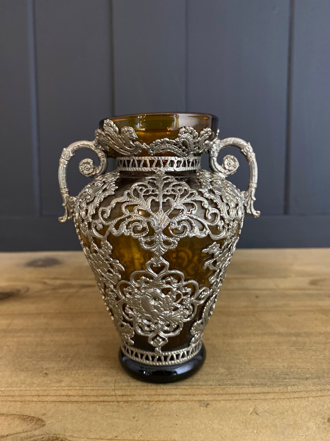 Vintage Mid Century Amber Glass Vase With Silver Metal Filigree Overlay ...