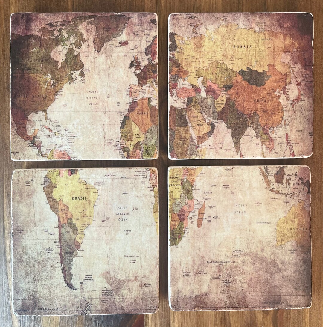 Vintage World Map Coasters set of 4 - Etsy
