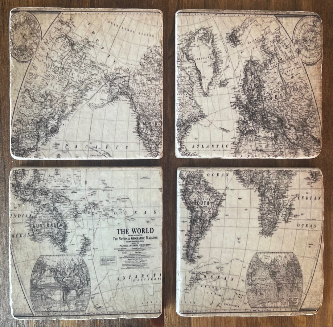 Vintage World Map Coasters set of 4 - Etsy