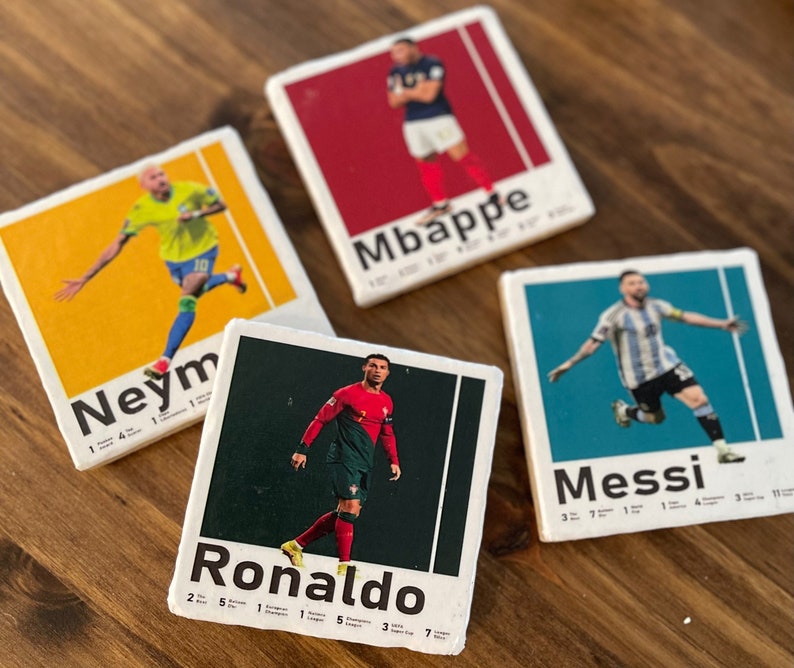 Ronaldo Neymar Messi and Mbappe Soccer Coasters set of 4 - Etsy