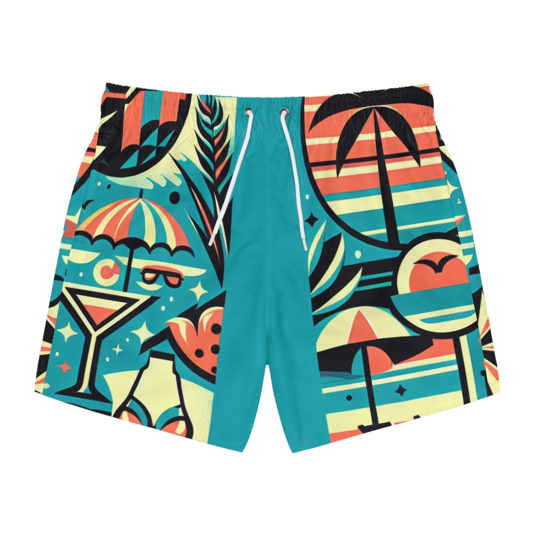 Retro Art Beach-themed Men's Swim Shorts in Vibrant Colors Trendy ...